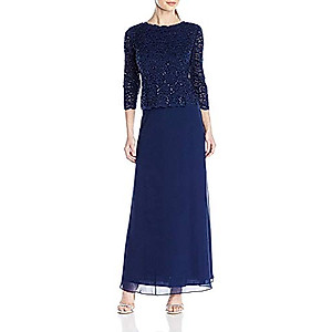 Alex Evenings Women's 3/4 Sleeve Stretch Lace Bodice Mock One Piece Gown, Navy, 10P