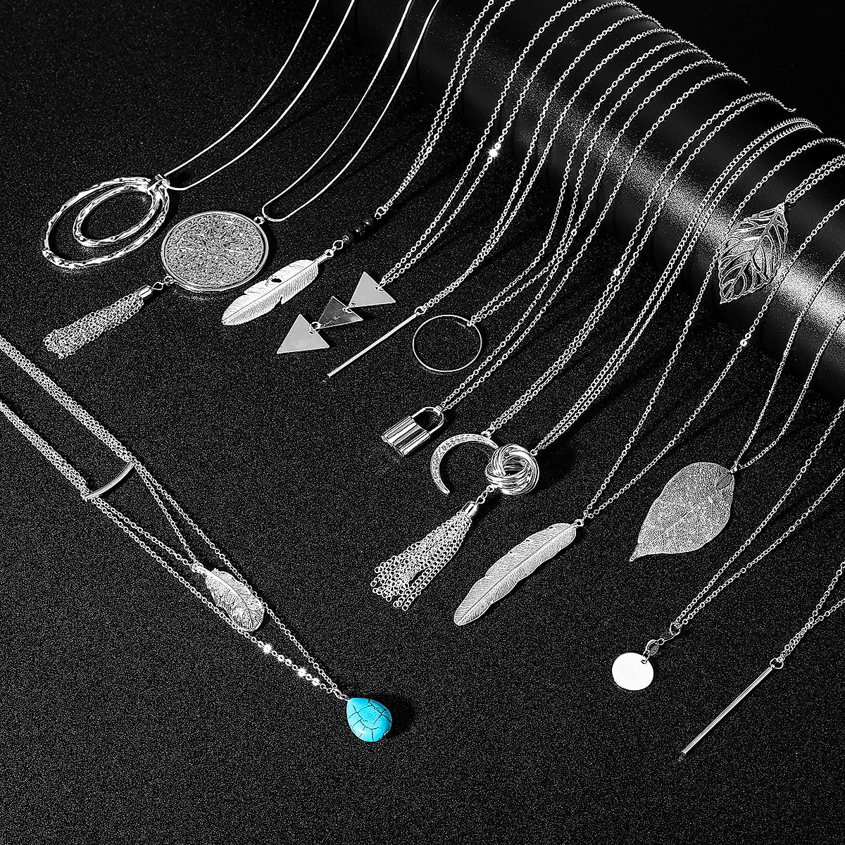 Hicarer 15 Pieces Long Pendant Necklace Set Silver Sweater Necklace Silver Plated Moon Tassel Lock Shape Sweater Punk Chain Choker Necklace for Women Men (Stylish Style)