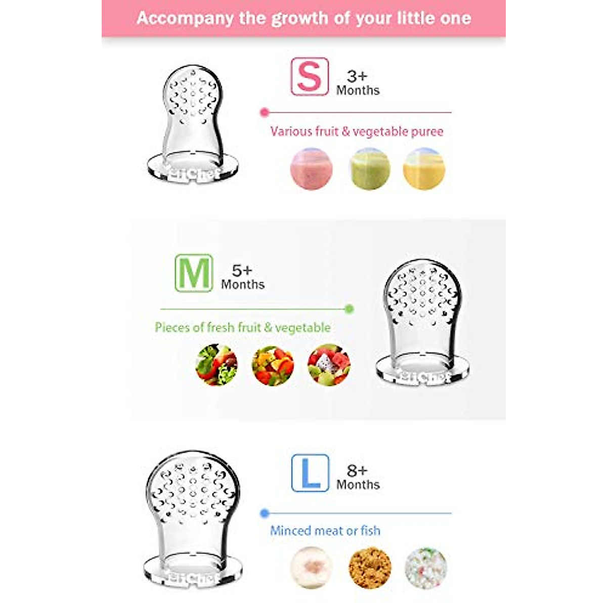 Food Feeder Baby Fresh Fruit Feeder (2 Pack) with 3 Different Sized Silicone Pacifiers, Mash and Serve Bowl with 4 Soft-Tip Silicone Baby Spoons, Perfect Baby First Stage Feeding Set by MICHEF