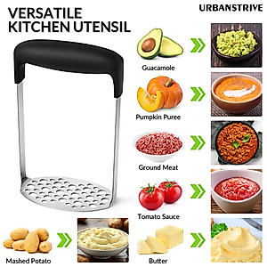 Urbanstrive Smooth Mash Potato Masher Stainless Steel, Durable Mashed Potatoes Masher Kitchen Tool, Easy-to-Clean, Soft Non-slip Handle, Kitchen Utensils, Kitchen Gadgets, Black