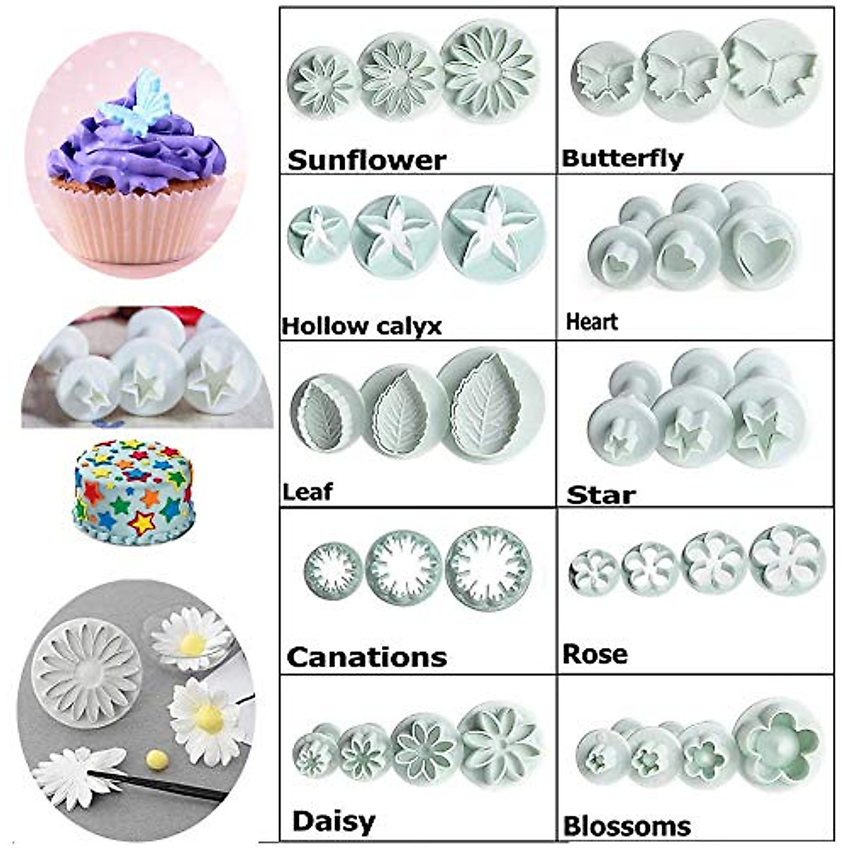 INSPEE Fondant Tools 33 Pieces Plunger Sugarcraft Cake Cookie Cutters Sunflower Leaf Butterfly Heart Gerbera Shapes Decorating Mold DIY Tools