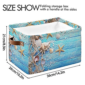 AUUXVA Summer Beach Wooden Starfish Storage Bins Basket, Ocean Seashell Nautical Collapsible Storage Cube Rectangle Storage Box with Handles for Shelf Closet Nursery Bedroom Home Office 1 Pack