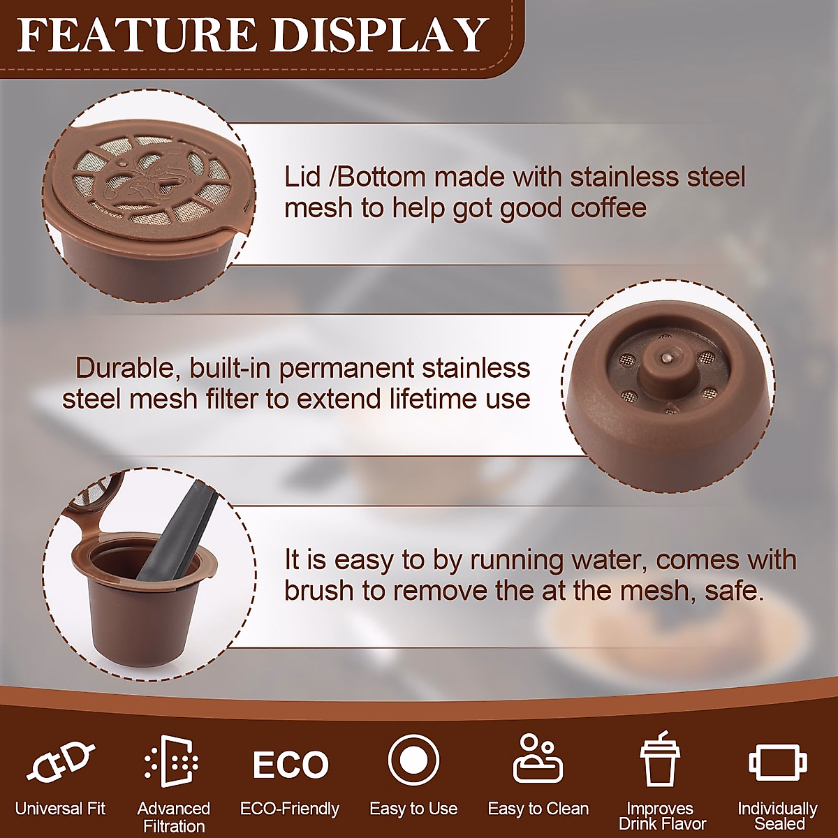 Reusable espresso Capsules Refillable Coffee Pods - Coffee Capsule Filter Compatible With Nespresso Coffee Machines - Replacement for Nespresso Food Grade Coffee Filter Capsule - 6 Pack