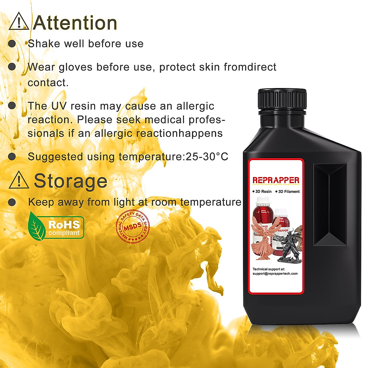 Reprapper Translucent Yellow 3D Printer Resin, 405nm Fast UV-Curing 1kg Transparent Yellow Standard Resin, 3D Printing Resin Photopolymer Sensitive Resin for LCD Printer, Clear Yellow 1000g