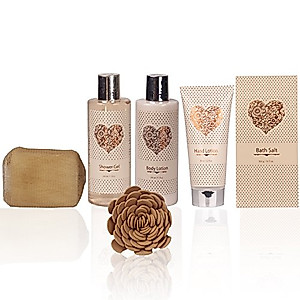 Spa Gift Basket – Bath and Body Set with Vanilla Fragrance by Lovestee - Bath Gift Basket Includes Shower Gel, Body Lotion, Hand Lotion, Bath Salt, Eva Sponge and a Bath Puff