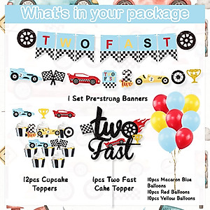 Race Car Two Fast Party Decorations Supplies Racing Theme 2nd Birthday Party Banner Race Car Second Birthday Cake Topper Checkered Flags Balloons for Let's go Racing Theme Sports Event Party Supplies