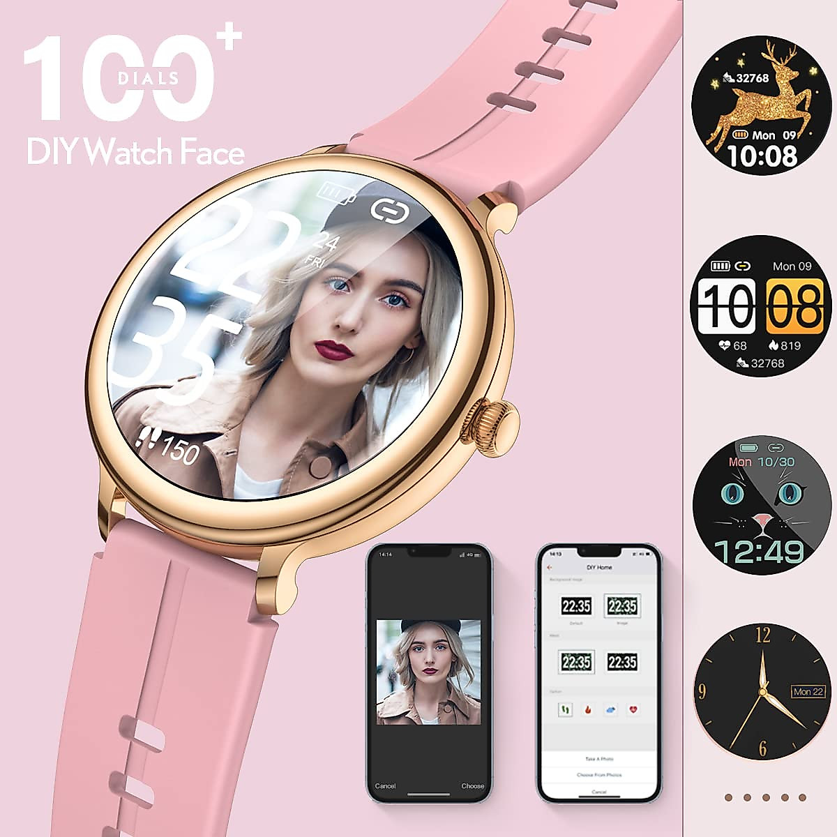 Weybon Smart Watch for Women Fitness Tracker: 1.09'' Touch Screen Smartwatch for Android & iOS Phone with Waterproof IP68 gold pink