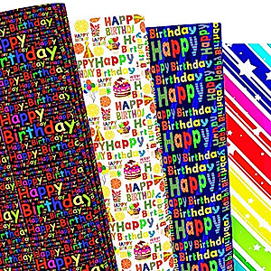 THMORT Birthday Wrapping Paper for Kids, Boys&Girls, Adults.Gift Wrapping Paper sheet With Black Background, Rainbow Star Stripe Happy Birthday for Baby Shower,Pack of 12 Sheets 20 X 29 Inch.