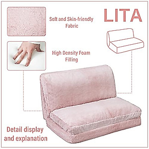LITA Folding Mattress Sofa, Foldable Double Sofa Bed Foam Filling Convertible Sleeper Sofa Bed Modern Soft Faux Fur Wall Sofa Bed with Removable Cover for Living Room/Apartment/Dorm, Pink