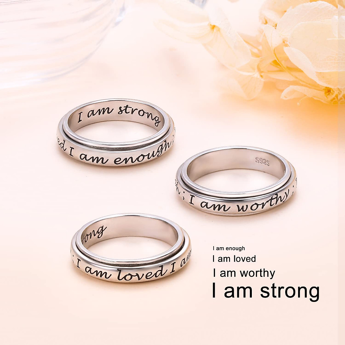 JZMSJF Men Women Spinner Ring 925 Sterling Silver Fidget Rings for Anxiety Stress Relieving ADHD Autism Rings I Am Enough Inspirational Band Ring Size 7