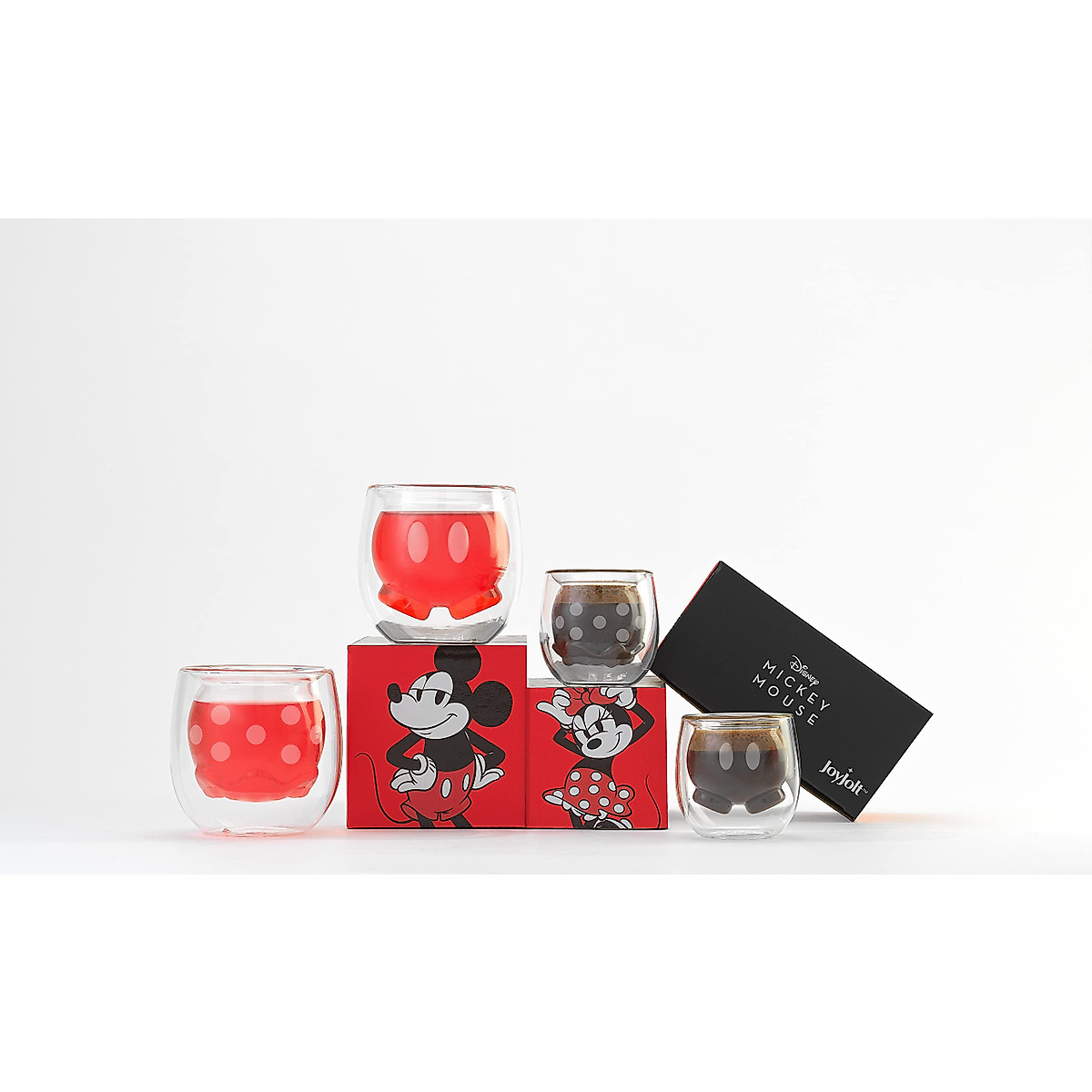JoyJolt Mickey Pants and Minnie Skirt 3D 2oz Espresso Cups. Double Walled Espresso Glasses (2pc) Small Double Wall Glass Coffee Cups. Demitasse Cups, Espresso Measuring Cup or Liqueur Shot Glasses