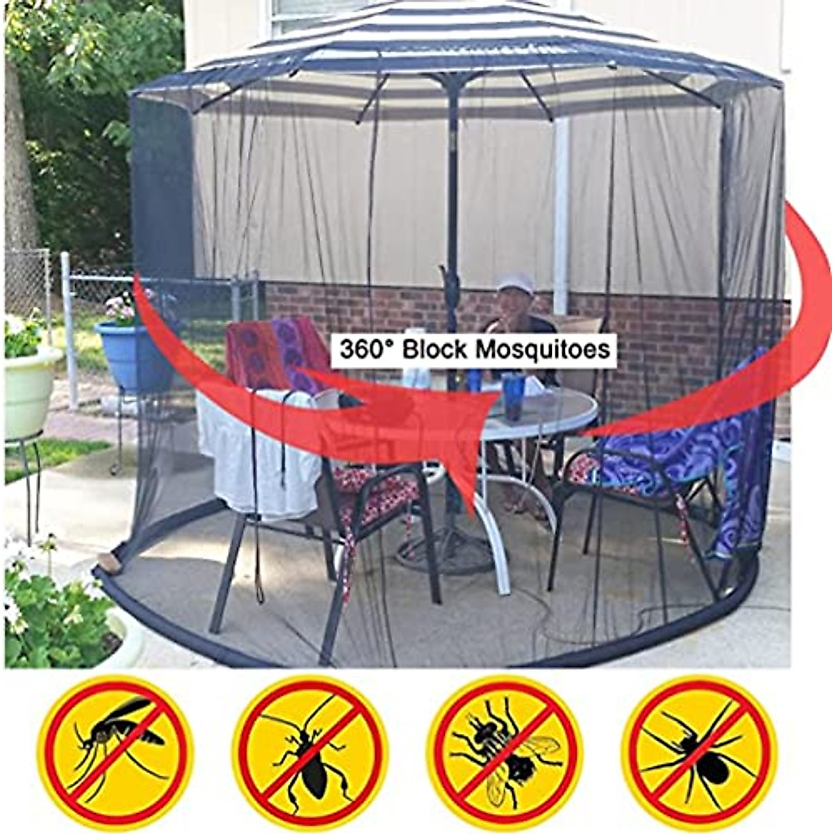 cjc Patio Umbrella M-osquito Netting with Zipper Door, Polyester Mesh Screen, Height Diameter Adjustable, for Outdoor Patio Garden (Black, 11-12FT)