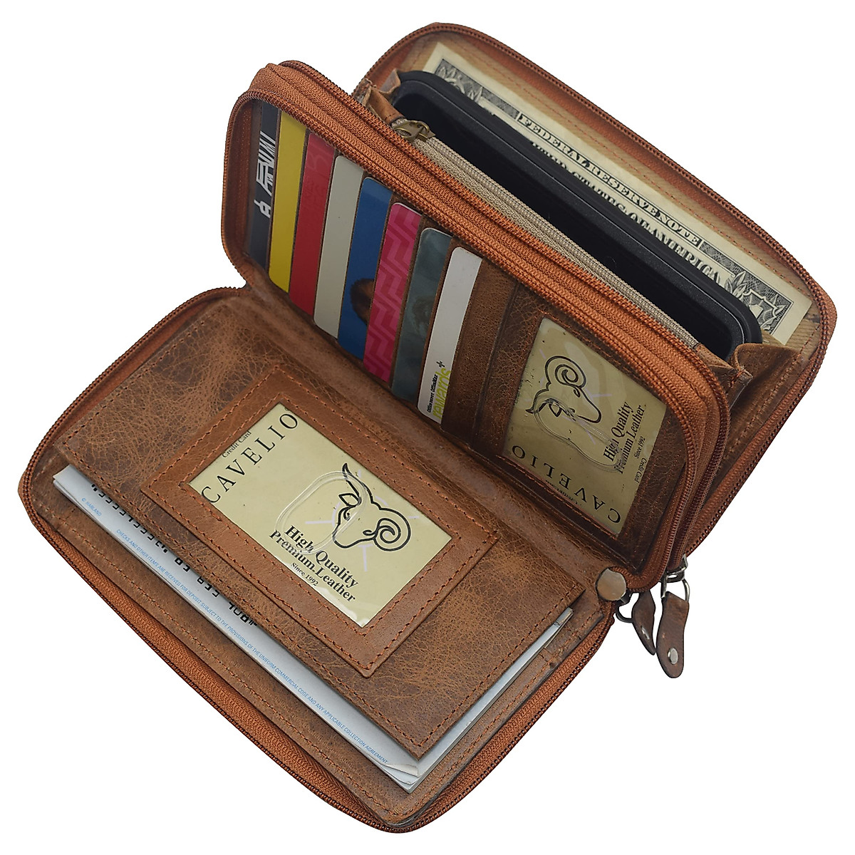 Cavelio Leather Wallets for Women RFID Blocking Double Zip Around Credit Card Holder Phone Clutch (Tan)