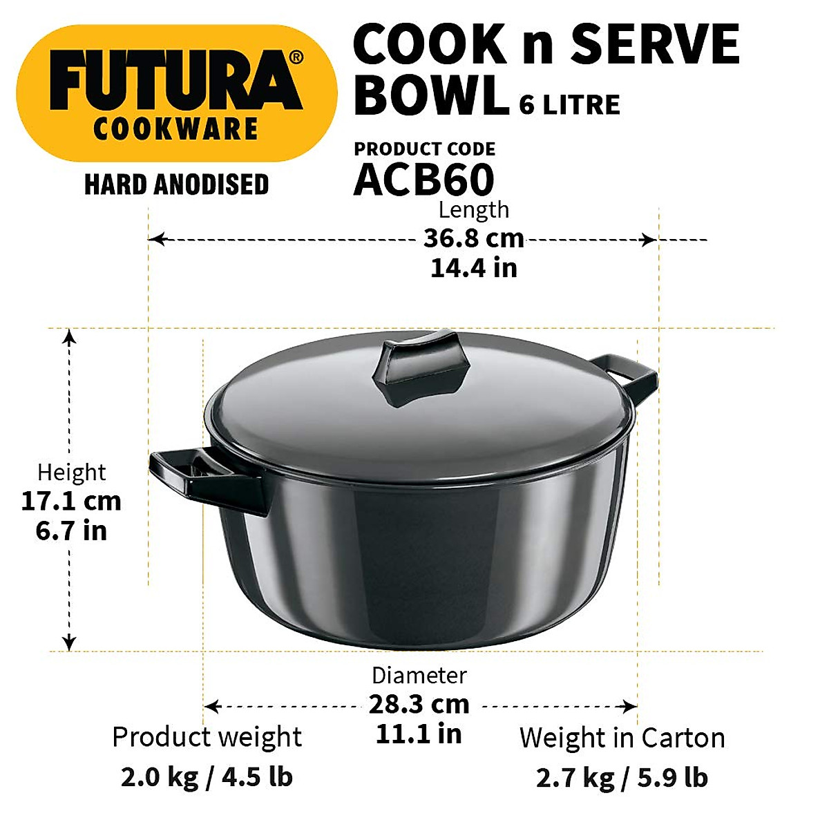 HAWKINS Futura Hard Anodised Cook-N-Serve Bowl Black 6 L