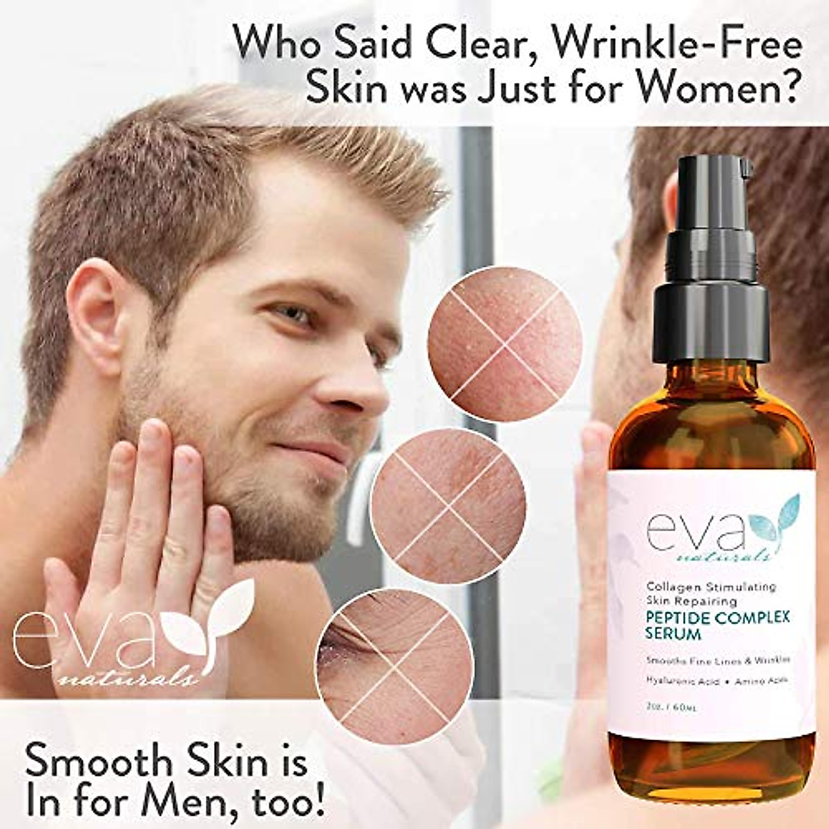 Collagen Peptide Serum - Anti Aging Collagen Serum for Face, Skin Brightening, Reduces Fine Lines & Wrinkles, Heals, and Repairs Skin, Microneedling Serum with Aloe Vera & Hyaluronic Acid - Peptide Complex Face Serum by Eva Naturals (2 oz)