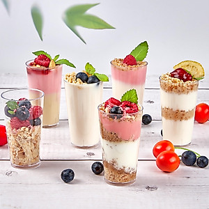 TOFLEN 50 Pack 3 oz Mini Dessert Cups with Lids and Spoons, Round Tall Plastic Dessert Shooters Party Serving Tumbler Cups for Parfait Appetizers & Dessert Shot Glasses