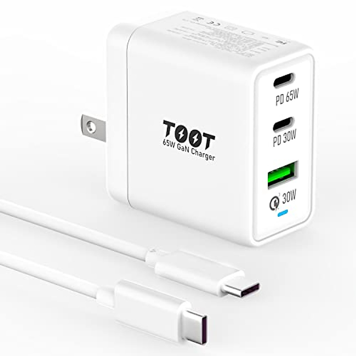 USB C Charger 65W PD 3.0 GaN Charger Type C Foldable Adapter with 3-Port Fast Wall Charger Compatible with iPhone 14/13/12 Pro/11, iPad Pro,3,Samsung, MacBook Pro/Air, Laptops(with USB C to C Cable)