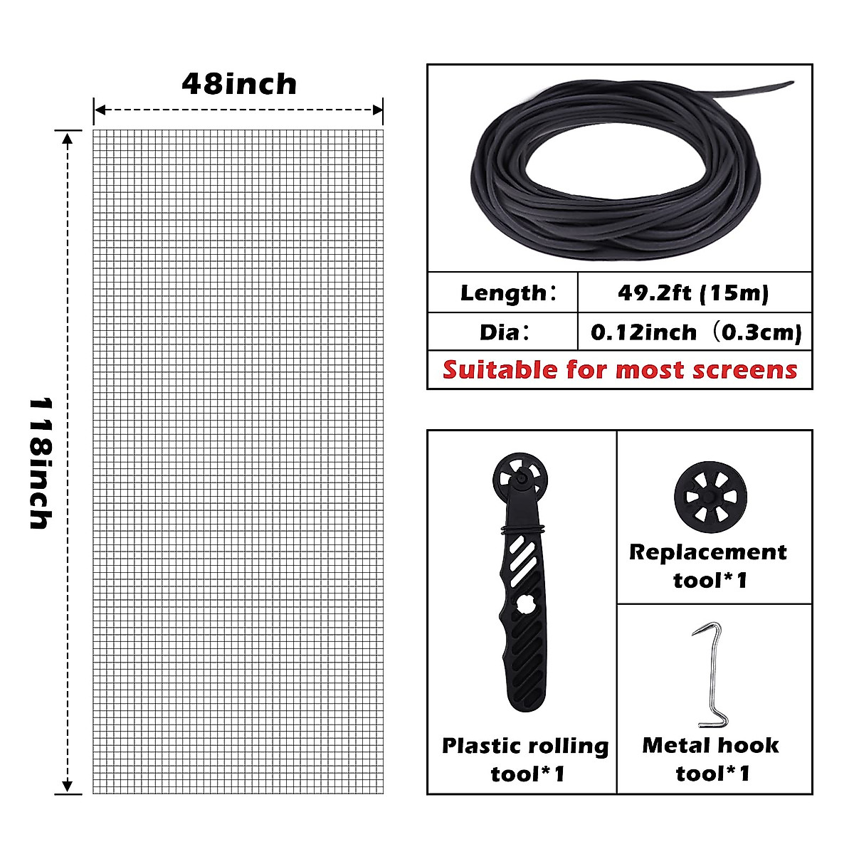 HTVRONT Window Screen Replacement and Screen Repair Kit for Windows or Doors, 48"*118" Window Screen Roll with Rolling Tool/Hook/Spline, Screen Door Repair Kit-Black