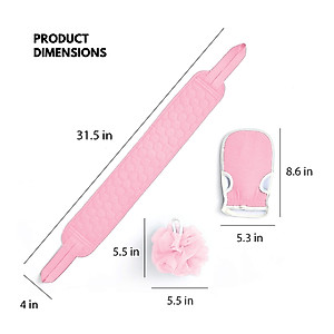 Exfoliating Body Scrubber Shower Set - 3PCs, Back Scrubber, Sponge Pad & Loofah Mesh Bath Pouf, for Men Women Shower Bath, Sensitive, Delicate, Dry Skin. Reusable. (Pink)