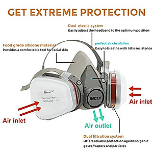 INCLY Respirator Half Face Cover For Chemicals & Paint with Goggles and Asbestos, Safe Breathing For Against Dust, Organic Vapors, Gas, Smoke, Fire, Painting, Sanding