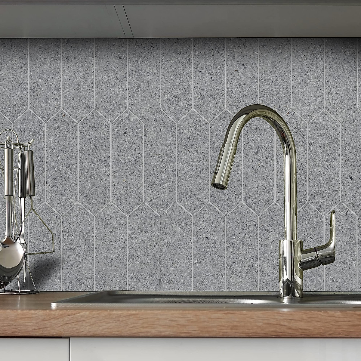 SUNWINGS Backsplash Tile for Kitchen Peel and Stick, Stone Composite Self Adhesive Tiles Faux Marble Pattern Long Hexagon Mosaic Wall Tile for Kitchen, 12 Inch x 11.22 Inch 10 Sheets Grey