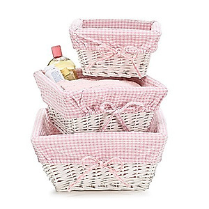 Set of 3 Baby Girl Nursery Storage Baskets - White Willow with Pink Cotton Gingham Fabric