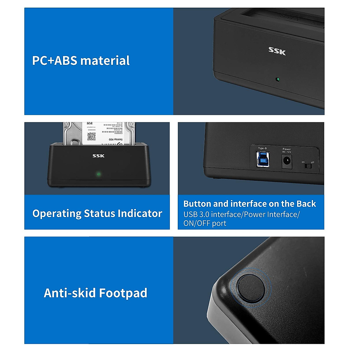 SSK USB 3.0 to SATA External Hard Drive Docking Station Enclosure Adapter for 2.5 & 3.5 Inch HDD SSD SATA, super speed up to 5Gbps, Support UASP no drivers needed(20TB Supports)