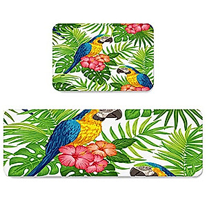 Tropical Plants Kitchen Mats for Floor Cushioned Anti Fatigue 2 Piece Set Kitchen Runner Rugs Non Skid Washable Exotic Monstera Themed Banana Leaves Parrot Jungle 15.7x23.6+15.7x47.2