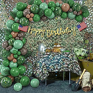 Keleno 133PCS Army Birthday Party Decorations Military Camo Party Supplies Camouflage Netting Balloon Arch Garland Kit Backdrop Tablecloth Flag Banner Hunting Soldier Birthday Decor for Boy Adult Men