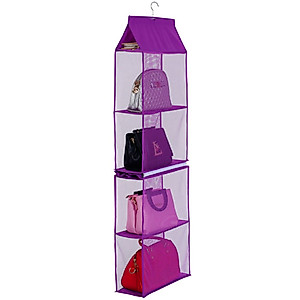 Detachable 4 Compartment Organizer Pouch Hanging Handbag Organizer Clear Purse Bag Collection Storage Holder Wardrobe Closet Space Saving Organizers System for Living Room Bedroom Home Use (Purple)