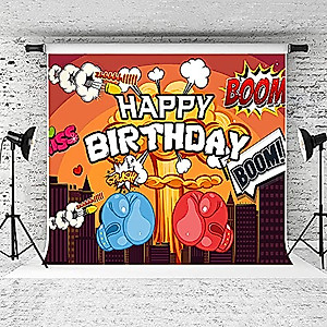 EMTOBT Happy Birthday Backdrop Superhero City Boom Background Red and Blue Boxing for Boy Gift Childen Happy Birthday Party Decorating 7x5FT Banner Photo Booth Props Room Decor Supplies BJWHEM562