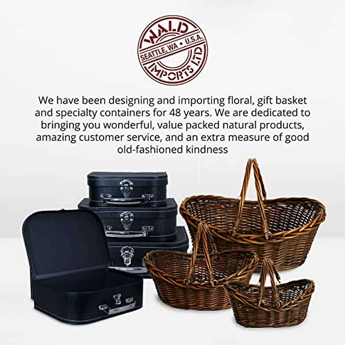 Wald Imports - Medium Wicker Basket with Handle - Dark Brown Hand Woven Harvest Basket - Wicker Flower Basket for Storage, Picnics, Easter, Organizing, and More (17 x 6.5 inches)