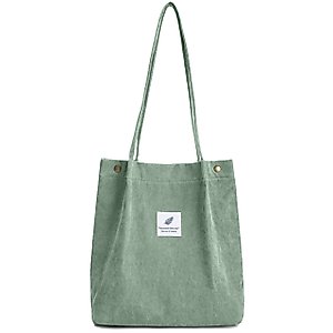 ALUWU Corduroy Tote Bag for Women Girl Casual Work Canvas Shoulder Handbags Cute Purse Light Green