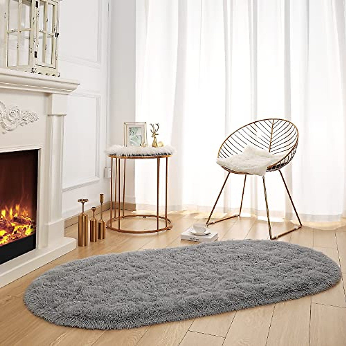 Goideal Oval Shaggy Bedroom Rug 2.6 x 5.2 Feet Fluffy Area Rugs for Girls Boys Kids Room Nursery Floor Carpet Home Decoration,Grey