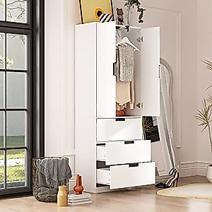 Homsee Wardrobe Armoire with 2 Doors, Hanging Rod & 3 Drawers, Wooden Closet Storage Cabinet with Adjustable Hanging Rod for Bedroom, White (27.6”L x 15.7”W x 70.9”H)