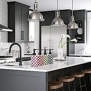 Bathroom Soap Dispenser with Matte Black Pump White Ceramic Soap Dispenser for Kitchen Checkerboard Empty Pump Bottle (Pink)