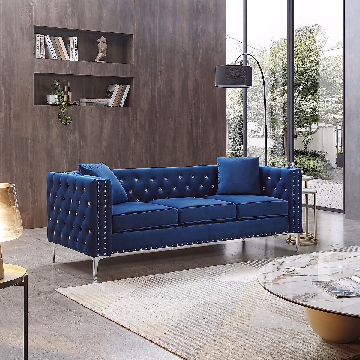 Harper & Bright Designs Velvet Upholstered Three-Seater Sofa, 82.3'' Wide Blue Velvet 3-Seat Sofa with Jeweled Buttons, Square Arm, Two Pillows Included for Living Room, Office