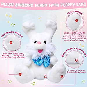 MIAODAM Peek A Boo Bunny Stuffed Animal, Singing Baby Toys for Girls, Children Song & Lullabies Stuffed Bunny Rabbit Repeats What You Say, Bunny Baby Toys 6-12 Months Talking Singing with Floppy Ears