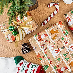 RUSPEPA Christmas Wrapping Paper, Jumbo Roll Kraft Paper - Red and Green Santa Claus, Polar Bear, Penguin, Snowman, Reindeer and Sleigh Design for Holiday Gift Wrap - 30 Inches x 100 Feet