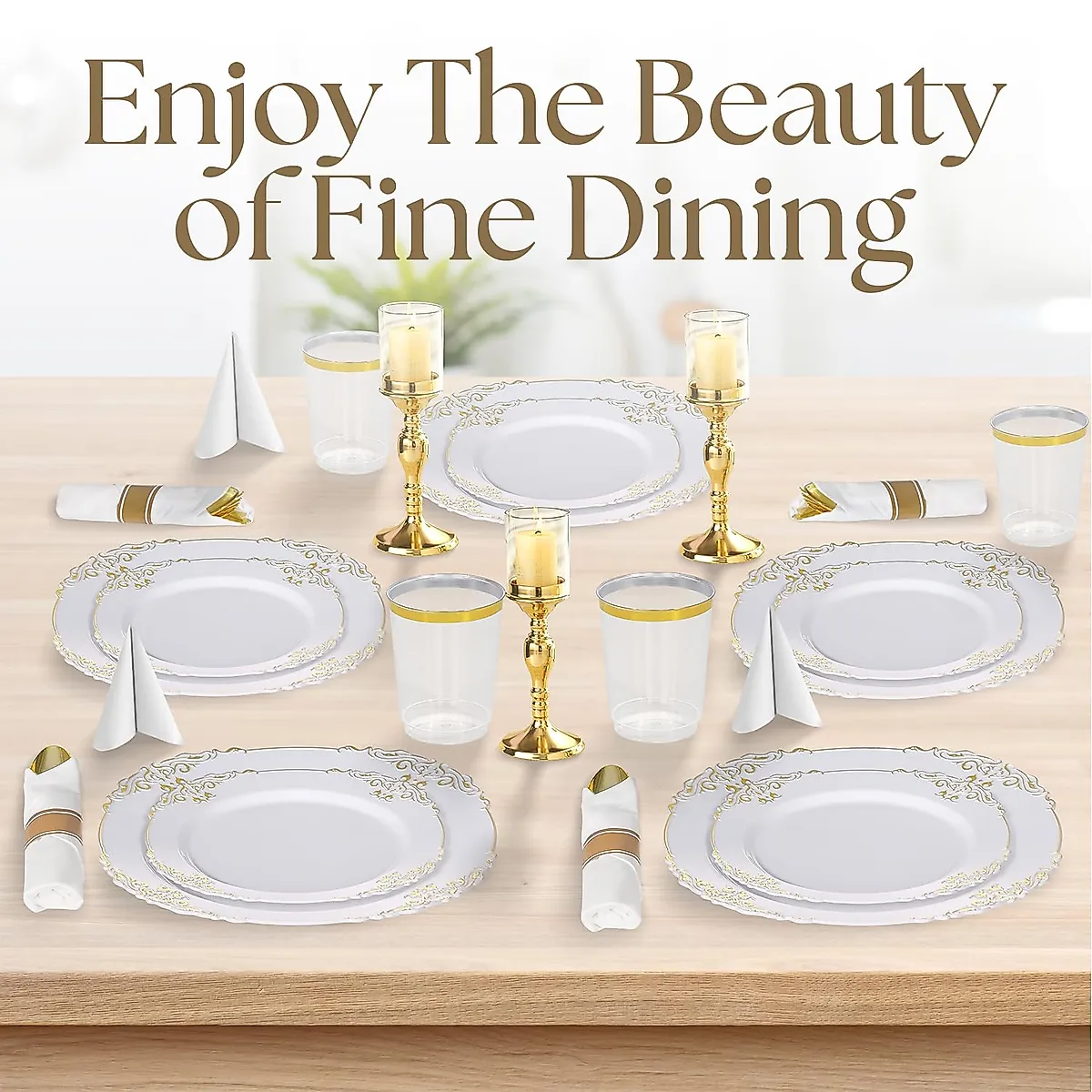 Zulzzy 350 PCS White and Gold Plastic Plates Vintage Design - Includes 50 Dinner Plates, 50 Dessert Plates, 50 Napkins, 50 Cups & Gold Silverware. Ideal for Weddings, Parties & Events.