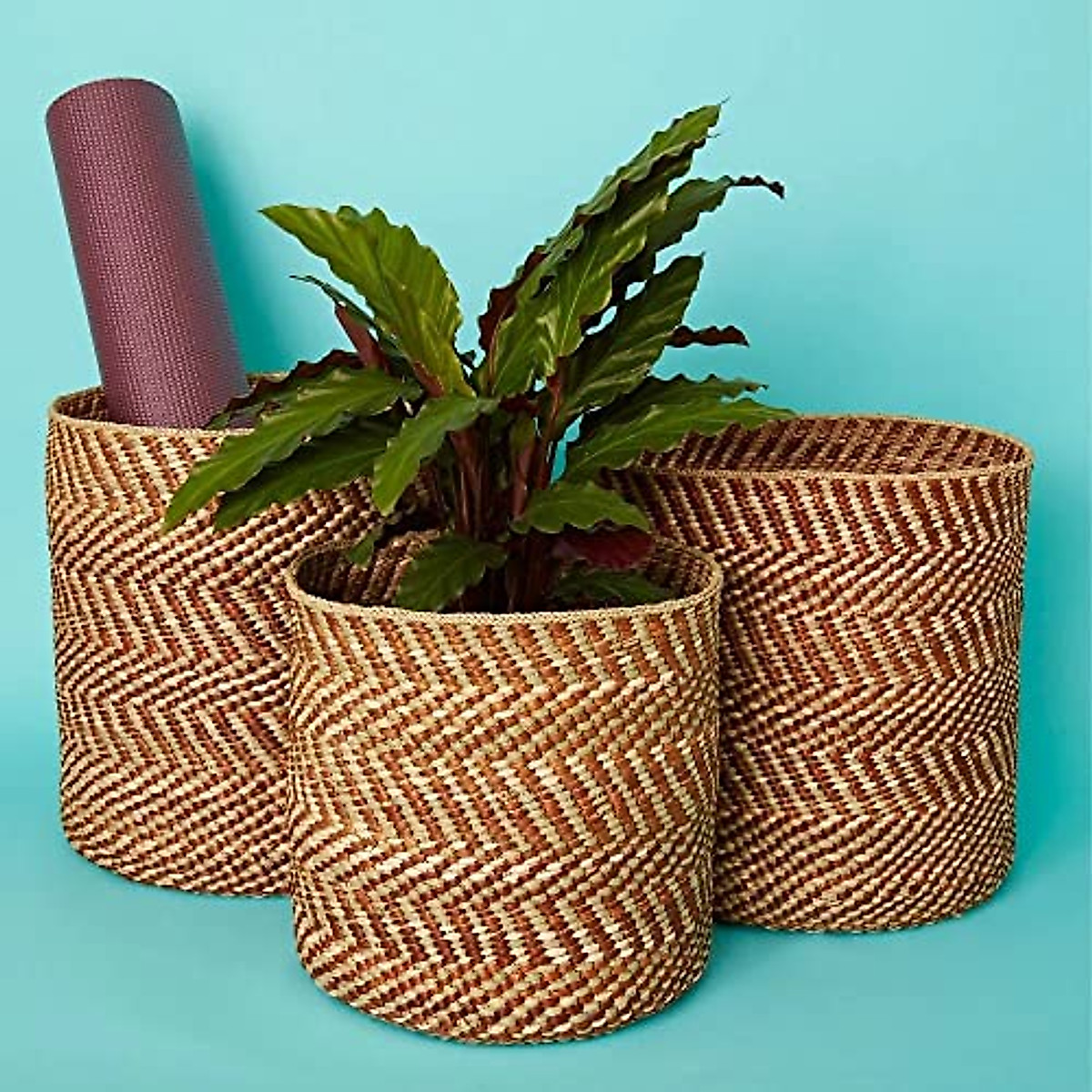 Tanzania Medium Brown Chevron Hand Woven Milulu GrassIringa Basket