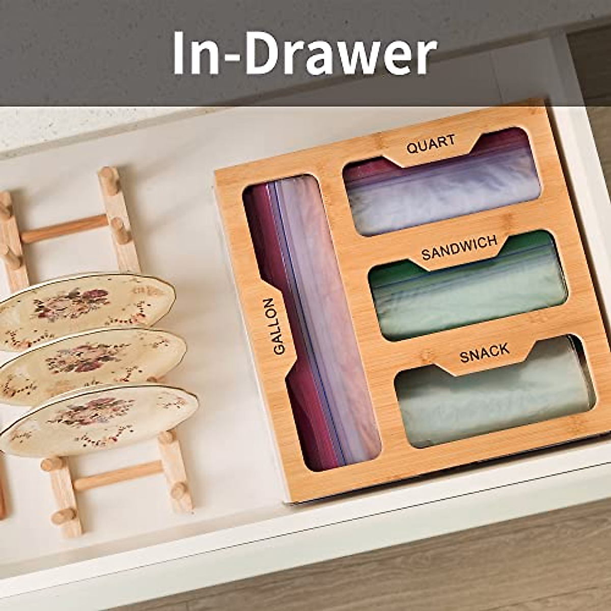 Bamboo Ziplock Bag Storage Organizer for Kitchen Drawer and Wall Mount - Food Baggie Holders Container - Compatible for most brands such as Ziploc, Solimo, Glad, Hefty with different sizes & usages for Gallon, Quart, Sandwich, Snack Variety Size Bags