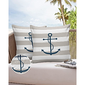 Outdoor Waterproof Pillow Covers for Patio Blue Nautical Anchor Chain Decorative Throw Pillow Cover Beige White Stripes Pillowcases Set of 2 Cushion Case for Sofa Couch Chair Home Decor 20x20 inch