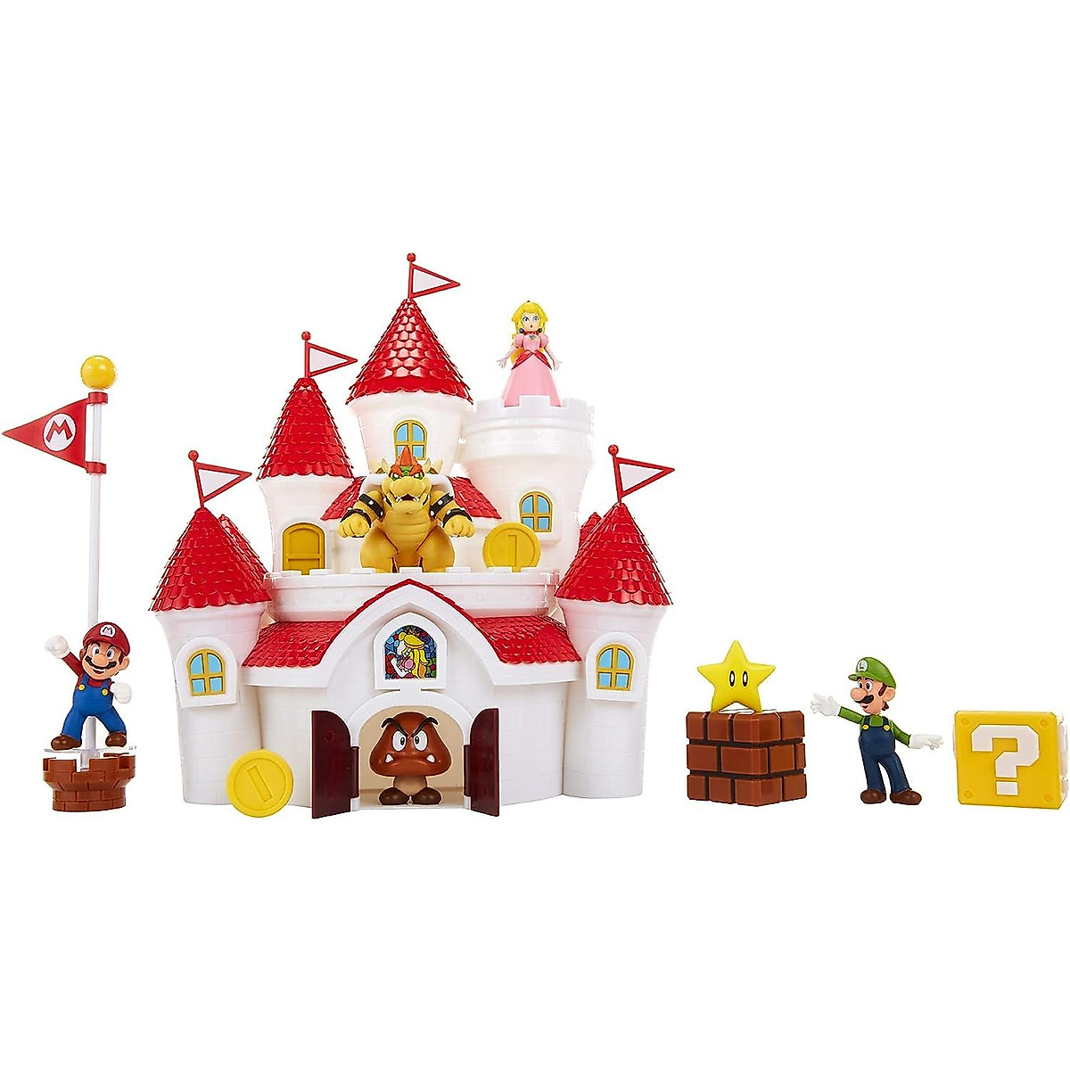 Super Mario Nintendo Deluxe Mushroom Kingdom Castle, Wall Display & Playset with (5) 2.5" Articulated Action Figures (Exclusive Bowser Figure, Princess Peach, Mario, Luigi & Goomba)