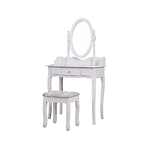 Fashion Wooden Vanity Table, Makeup Vanity with 360-degree Mirror & Drawers & Stool, Small Wood Dressing Table for Bedroom, White