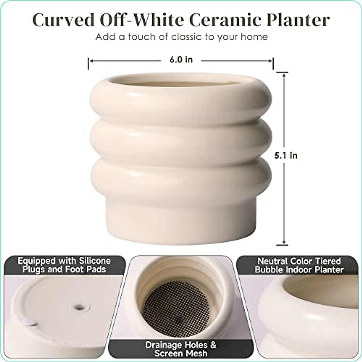 JOFAMY Tiered Bubble Ceramic Plant Pot, Creamy White 6 Inch Ceramic Planter with Drainage Holes, Ceramic Flower Pot with Mesh Pad, Rubber Plugs, Ceramic Pots for Indoor Plants Outdoor, Modern Décor