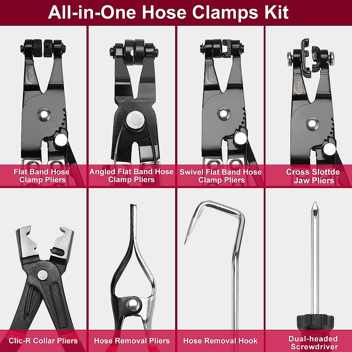 BETOOLL 9pcs Wire Long Reach Hose Clamp Pliers Set Fuel Oil Water Hose Auto Tools