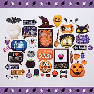 Halloween Photo Booth Props - 41-pc Photobooth Kit with 8 x 10-Inch Sign, 60 Adhesive Pads, and 45 Sticks - Halloween Photo Props - Halloween Selfie Props - Halloween Photo Booth Decorations