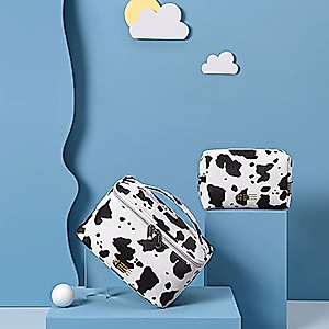 MIRASON Makeup Bag Travel Toiletry Bag for Women, Cute Make Up Bag Set of 3 for Purse Pouch Zipper Makeup Organizer Bag PU Leather Washable Waterproof Cosmetic Bag (Cow Print)
