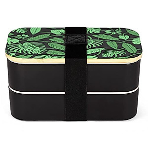 Tropical Pattern with Monstera Leaves Bento Lunch Box Leak-Proof Bento Box Food Containers with 2 Compartments for Offce Work Picnic Black-Style